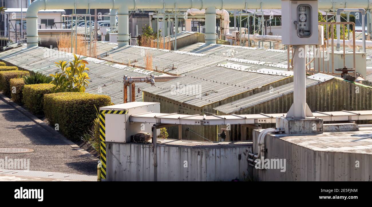 Shot of the pipes of a sewage treatment plant, in Kagoshima city, Japan ...