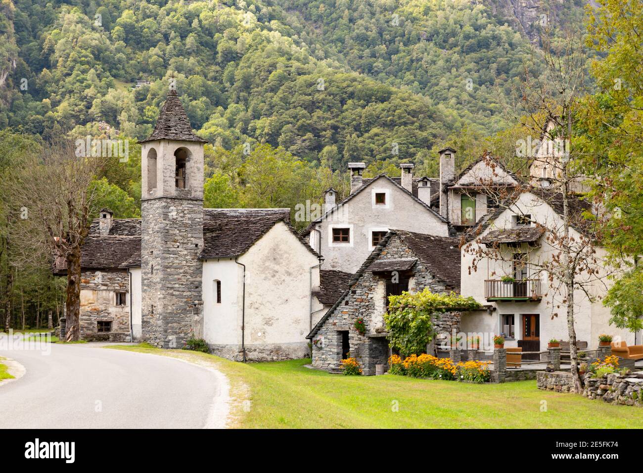 Switzerland, Ritorto, Sept 2020. Historic town with church and stone ...