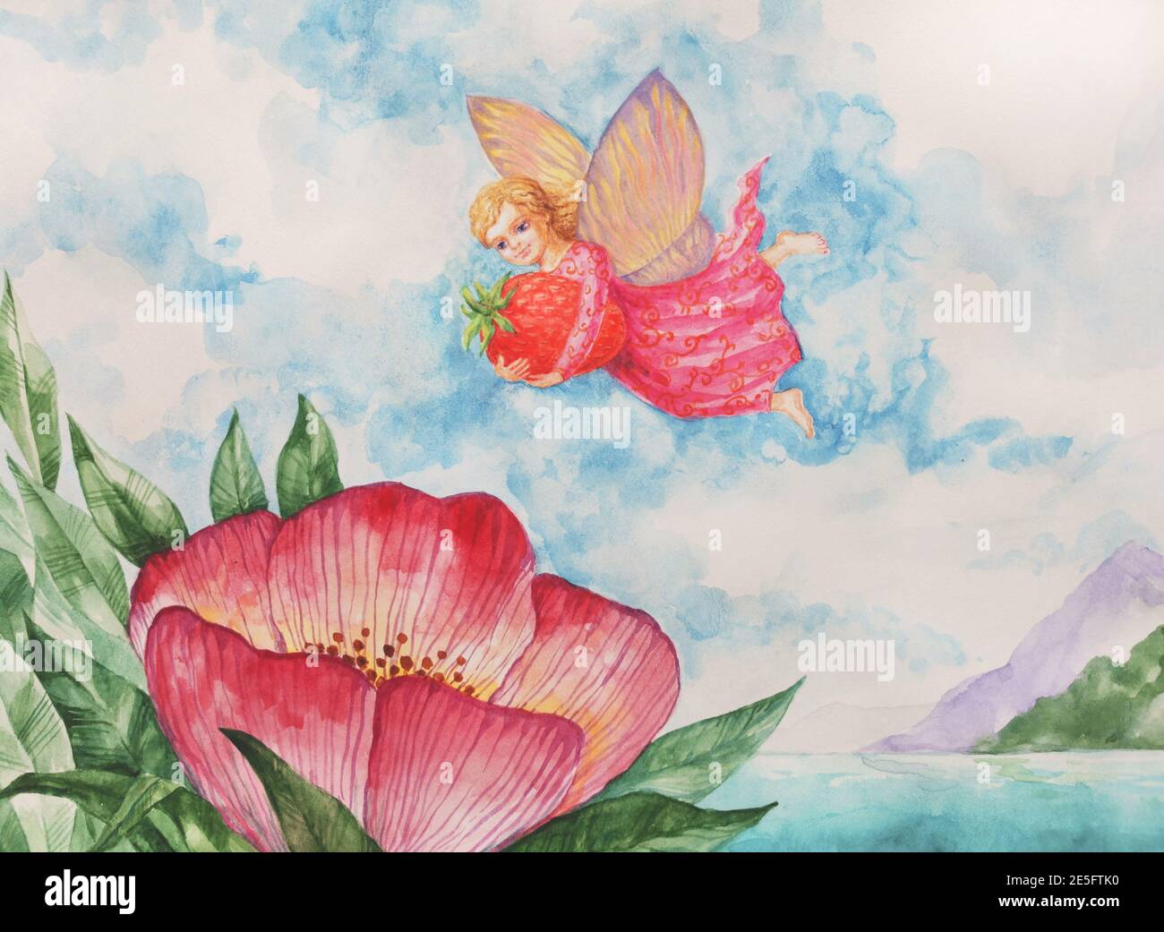 Watercolor Fairy garden magical creature. Little elf angel in green ...