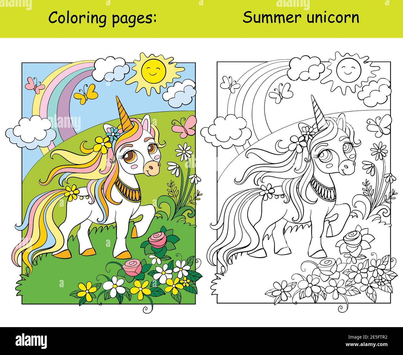 Cute unicorn walking on summer blooming meadow. Coloring book page wih ...