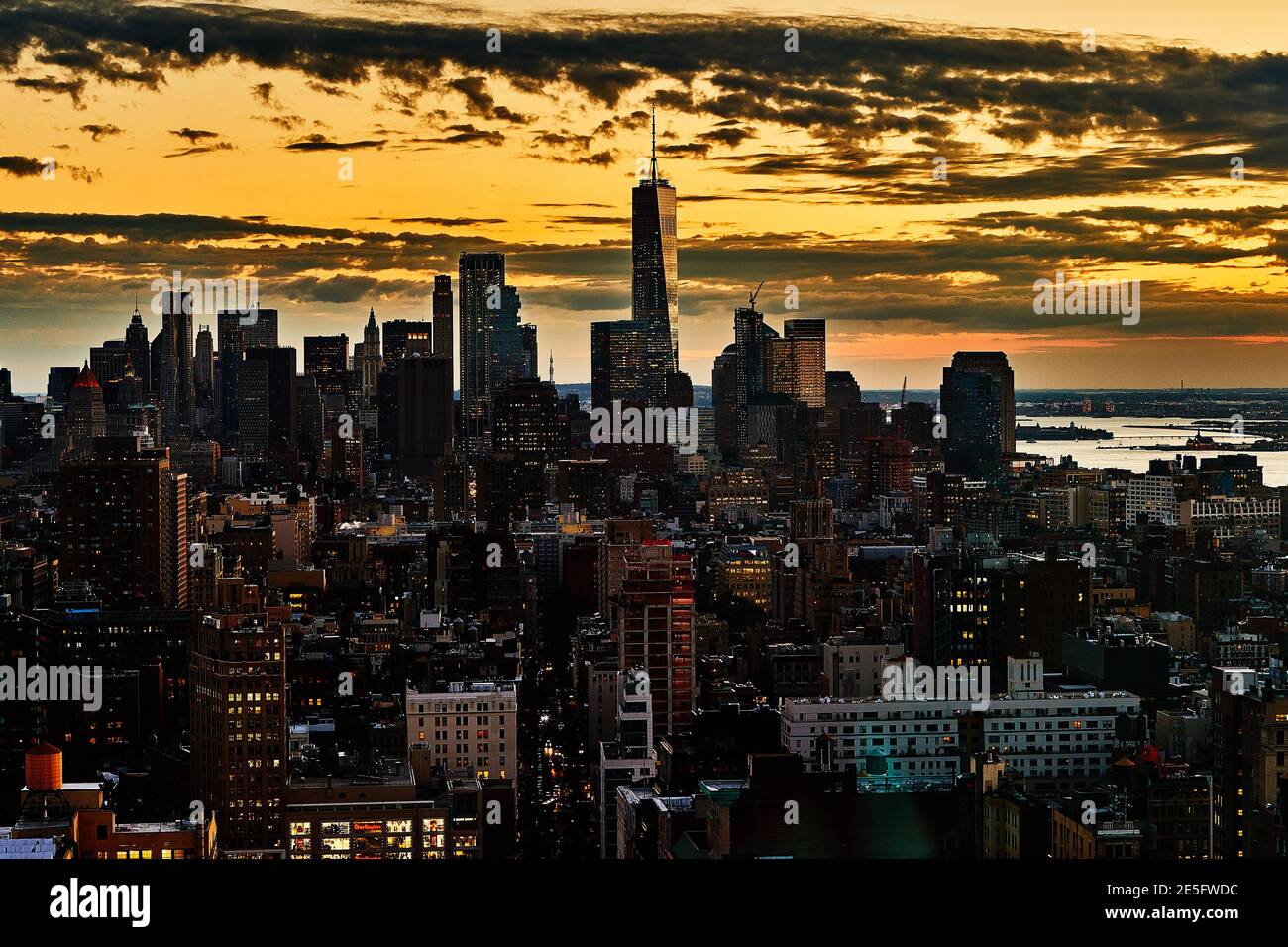 Aerial mesmerizing view of New York dawn with wonderful clouds, New ...