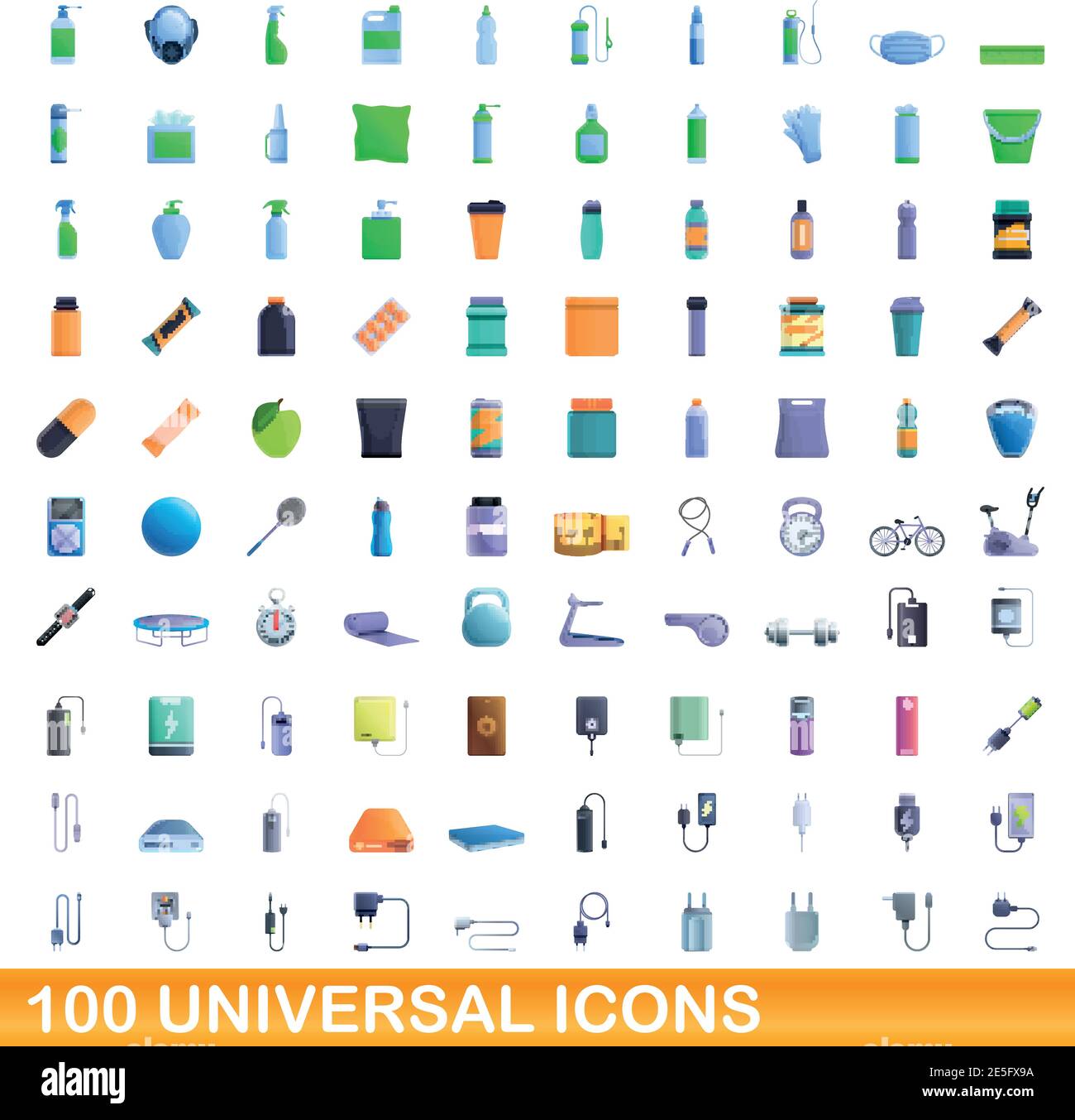 100 universal icons set. Cartoon illustration of 100 universal icons ...