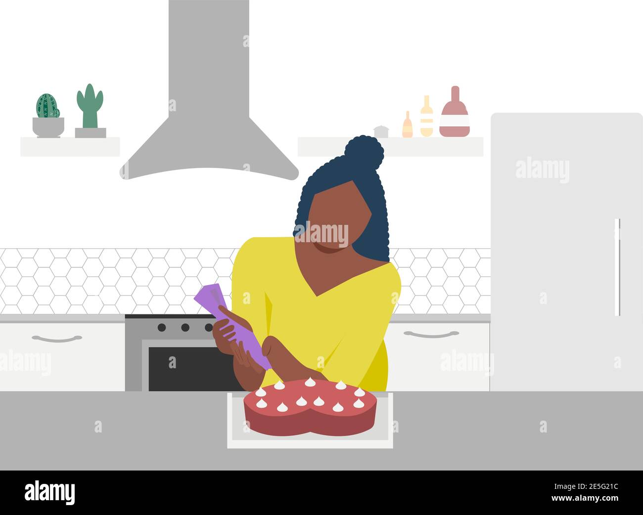 Beautiful black woman cooking sweet cake on kitchen table in kitchen ... Beautiful black woman cooking sweet cake on kitchen table in kitchen ...