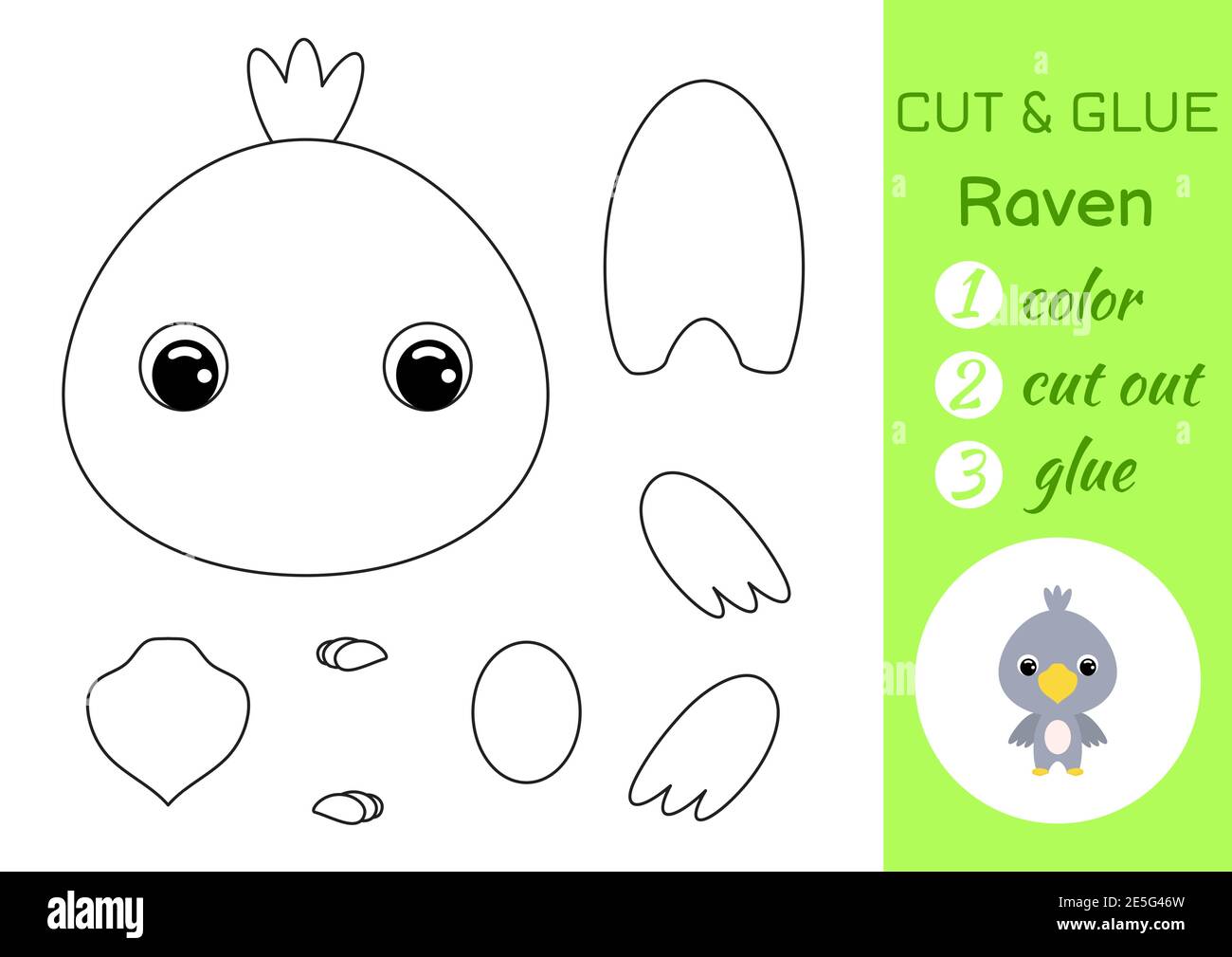 Coloring book cut and glue baby raven. Educational paper game for ...
