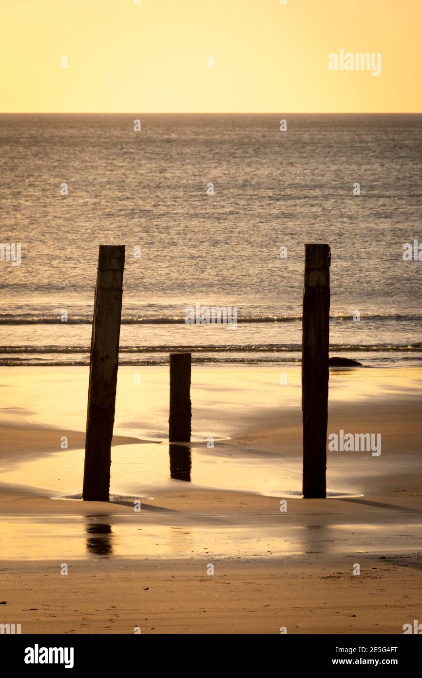 Remains of old wharf on beach at Akitio, Tararua District, North Island ...