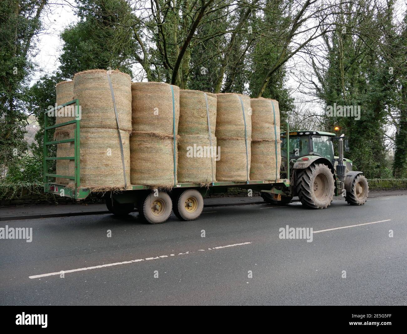 Green farm tractor with cab and four wheeled trailer loaded with round ...