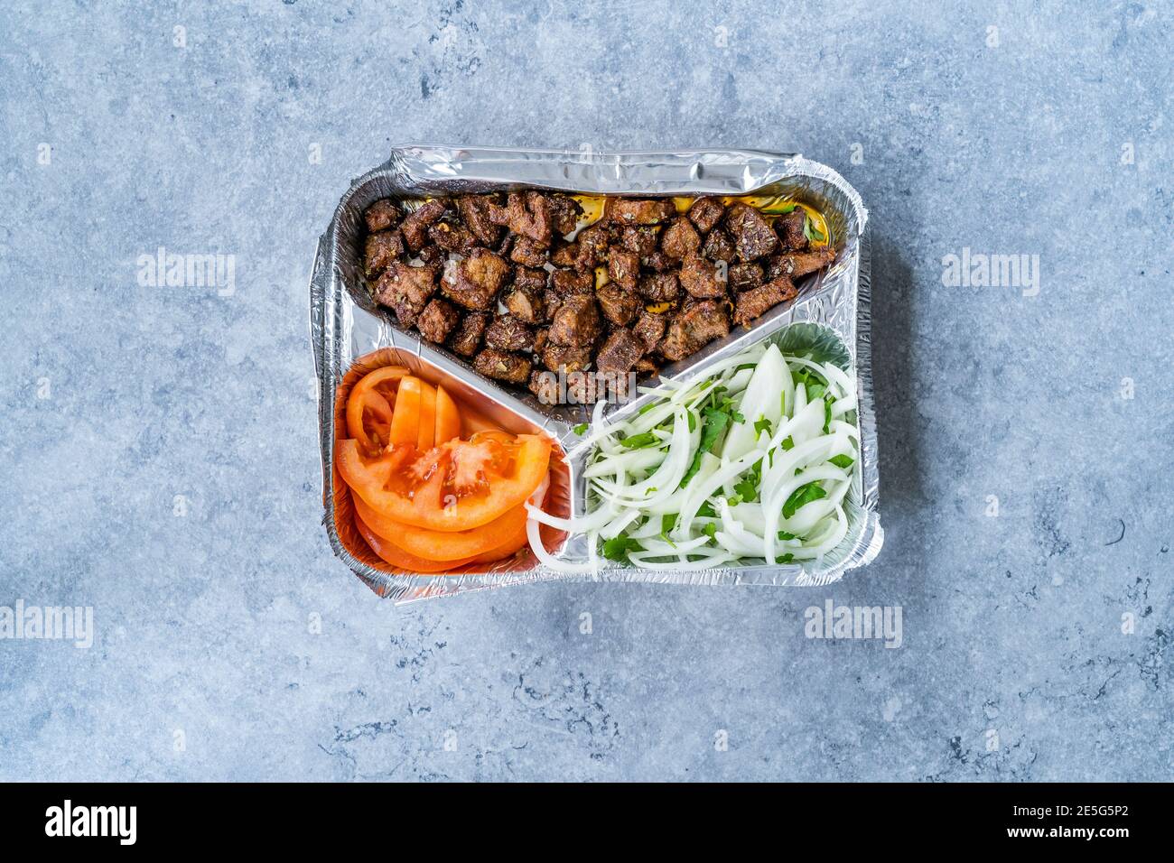 Turkish Take Away Kebab Liver with Onions and Tomatoes in Tabldot Foil ...