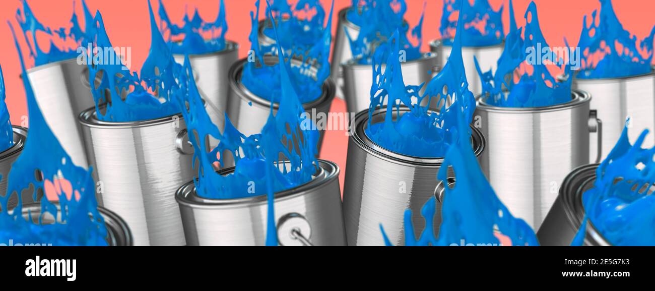 Many tins of bright blue paint spilling over on an orange back ground ...