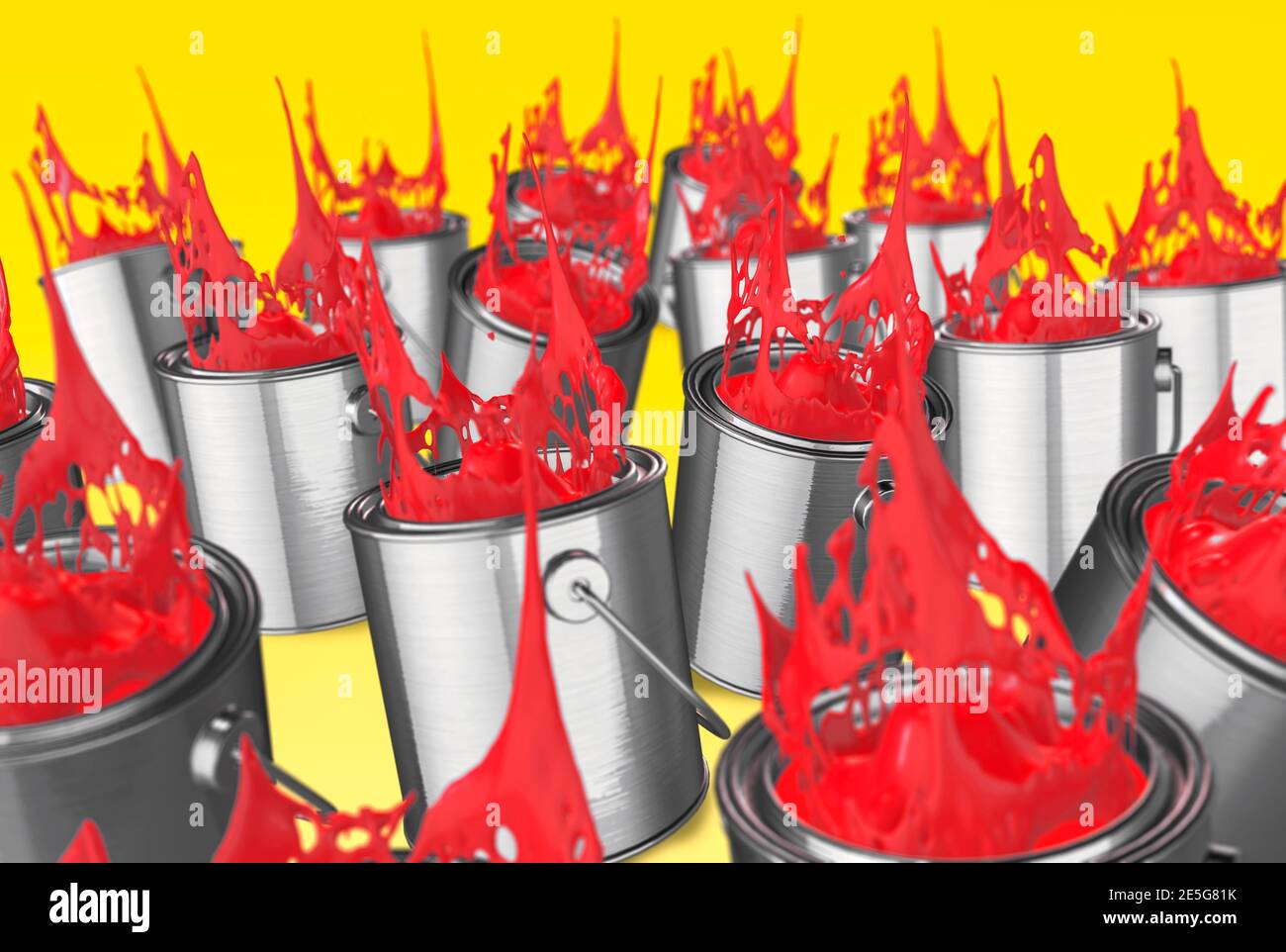 Many tins of bright red paint spilling over on an orange back ground 3d ...
