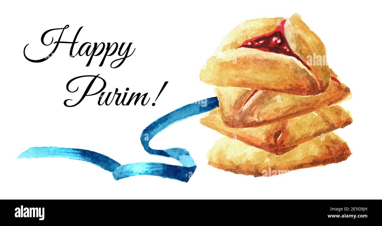Happy Purim card. Traditional Jewish cookies Hamantaschen or hamans ...