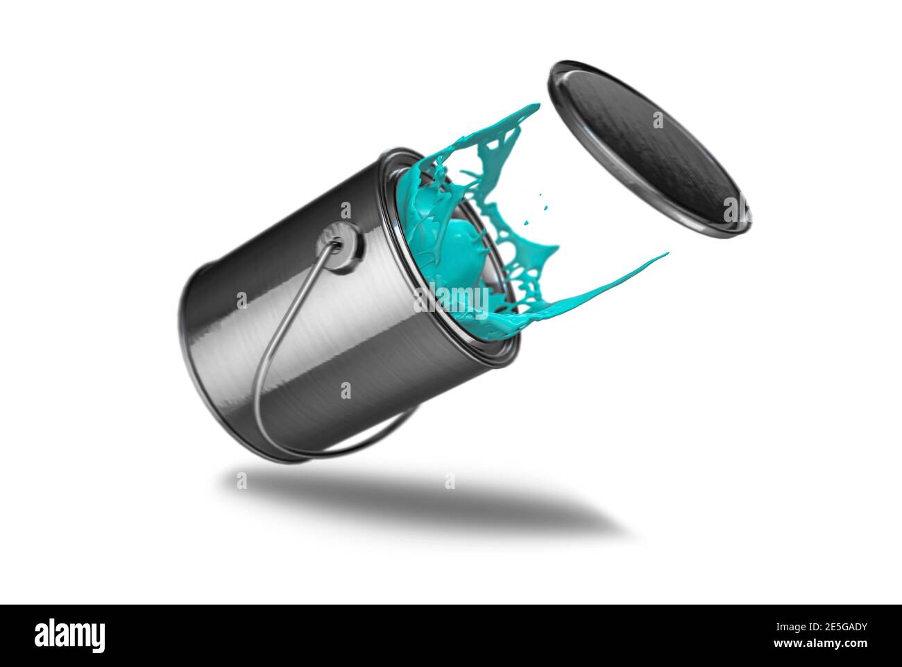 Vibrant aqua tin of paint tilting over and splashing the paint 3d ...