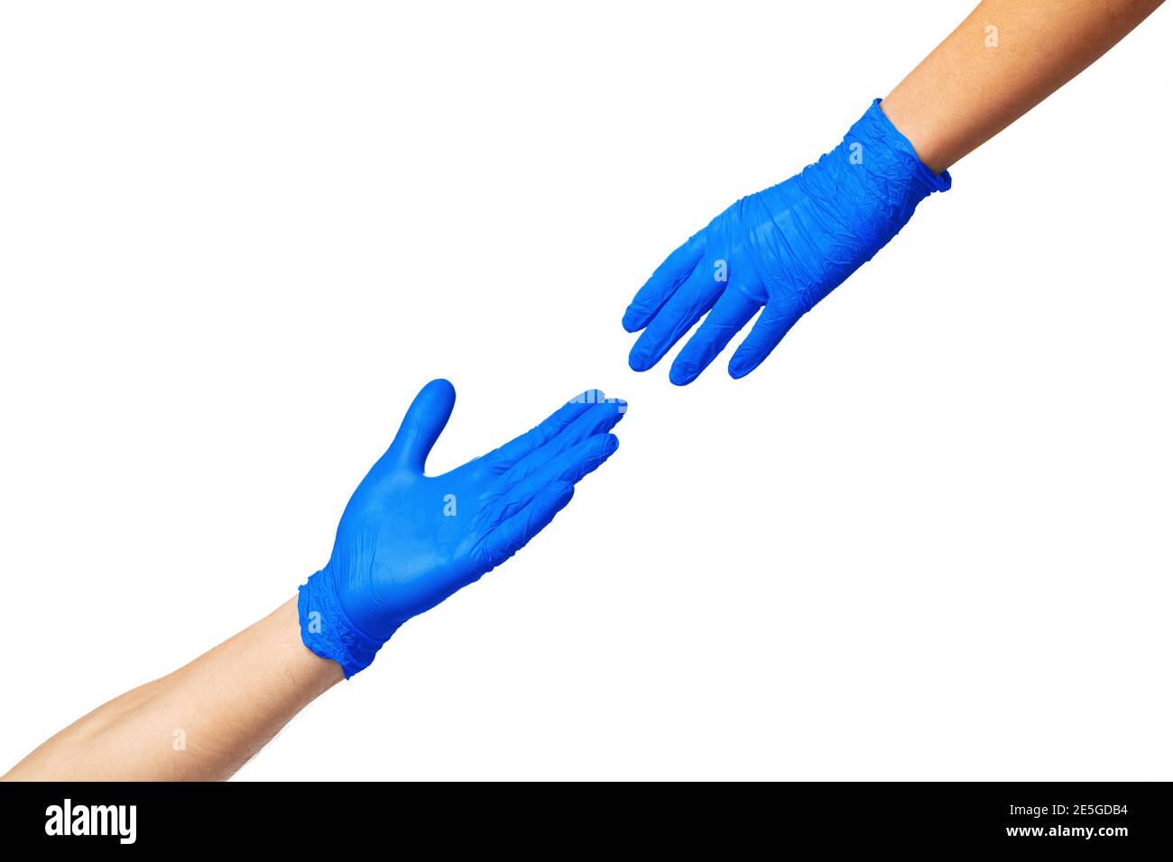 Male and female hands in medical gloves stretch to each other. Help ...