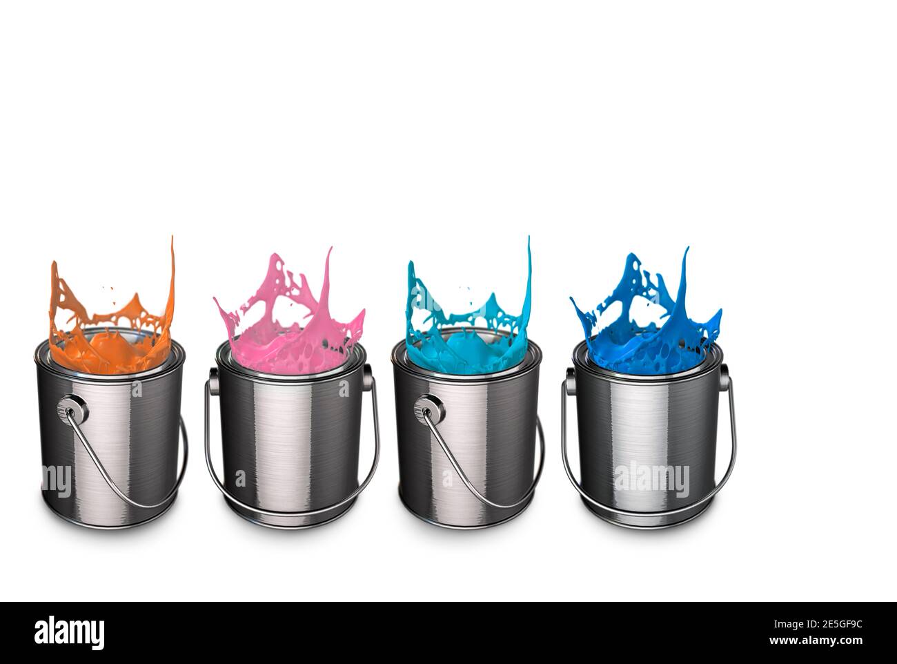Vibrant selection of coloured paint tins on a white background 3d ...