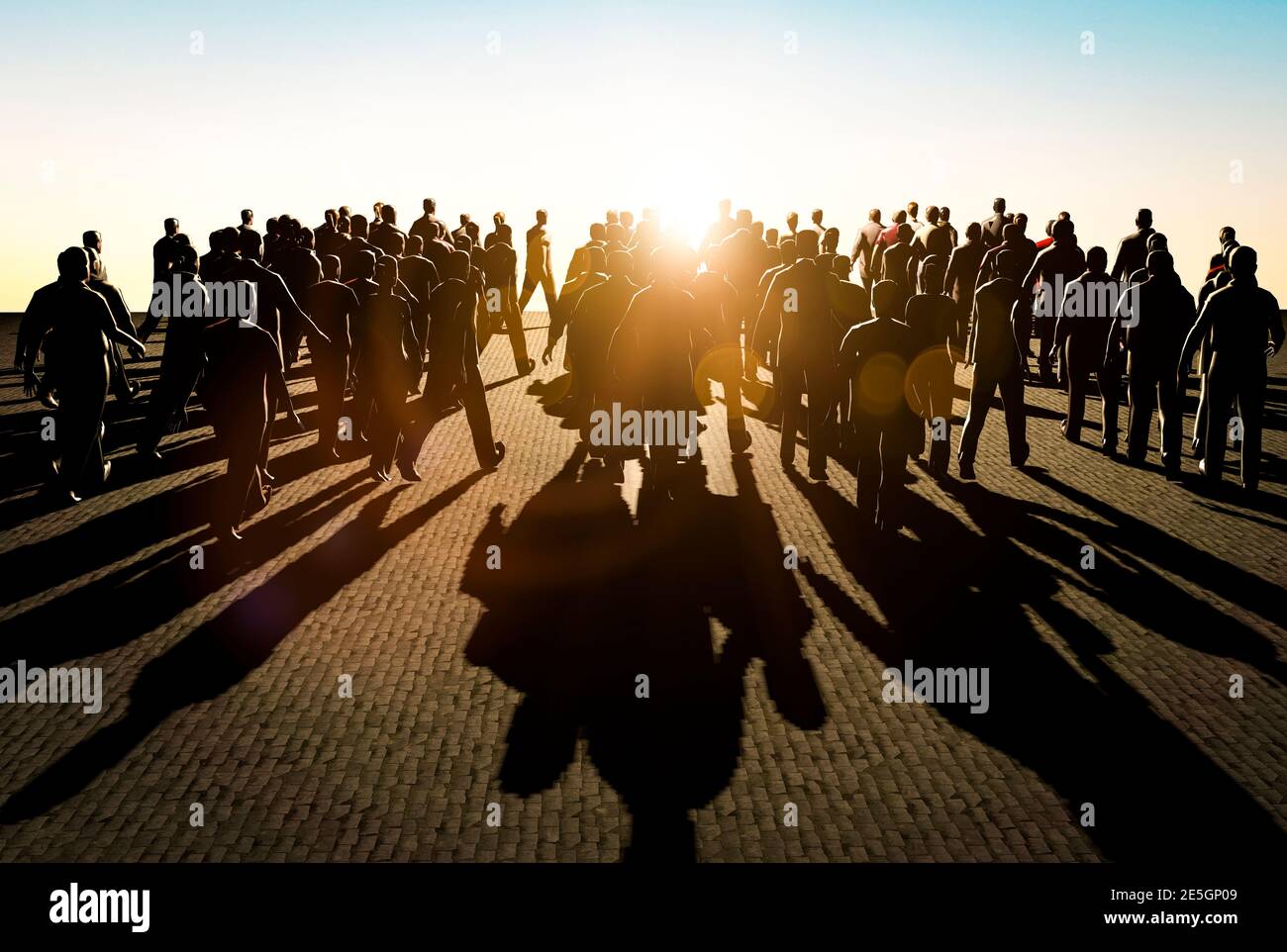 large crowd of people rushing to work concept at sunset 3d render Stock ...