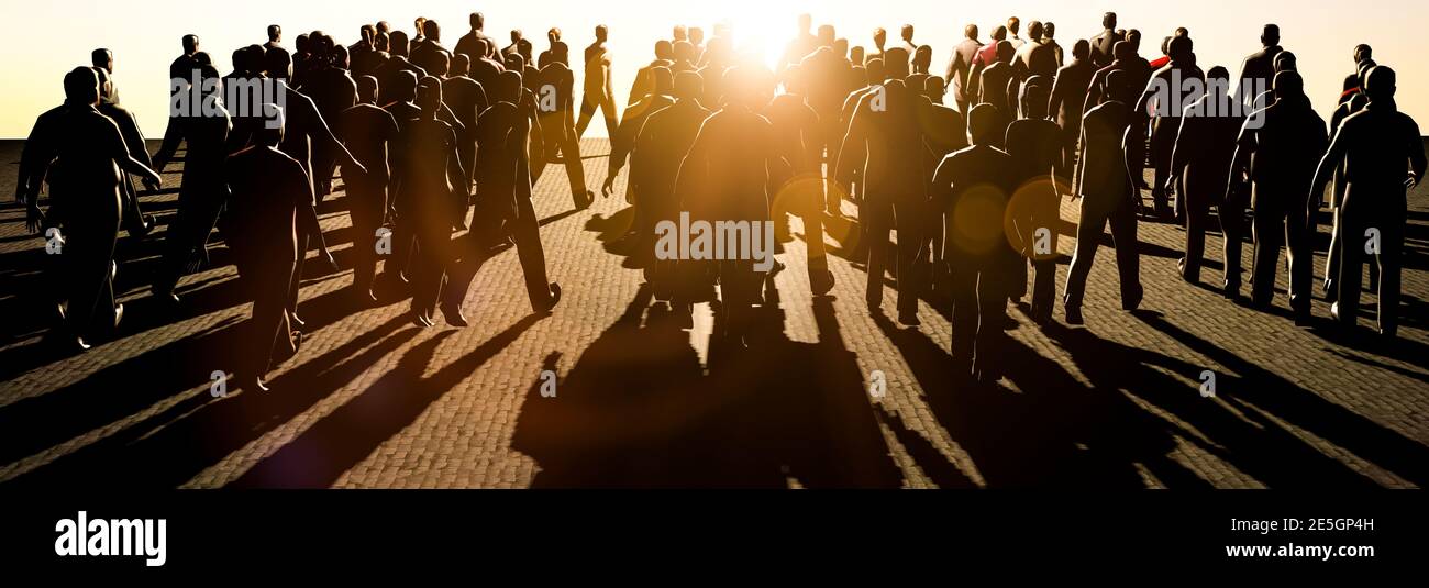 large crowd of people rushing to work concept at sunset 3d render Stock ...