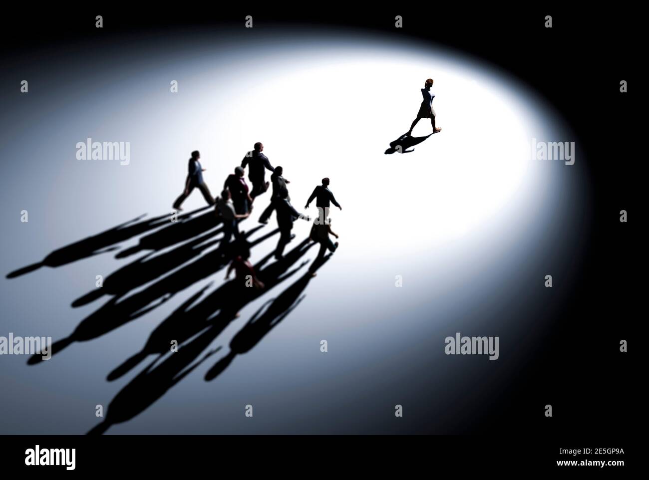 Single person away from the crowd standing out with dark shadows 3d ...