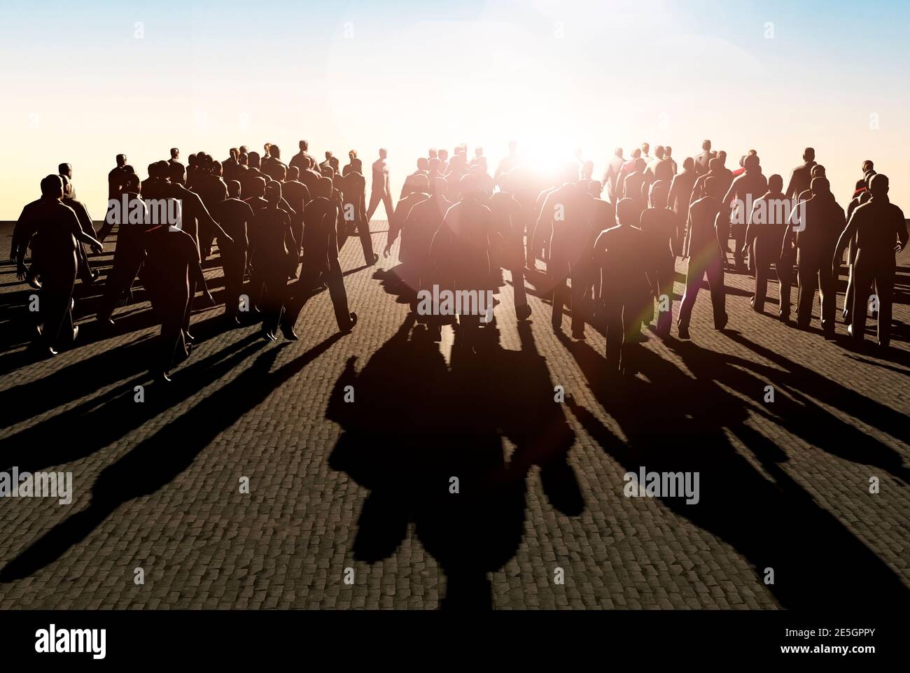 large crowd of people rushing to work concept at sunset 3d render Stock ...