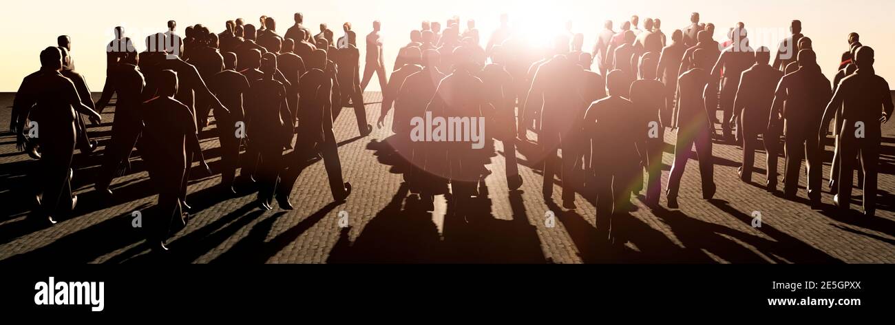 large crowd of people rushing to work concept at sunset 3d render Stock ...