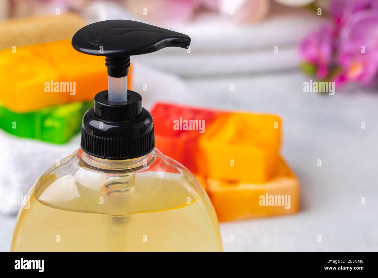 Liquid soap or body lotion set at hotel bathroom Stock Photo - Alamy
