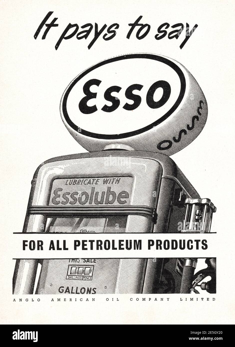 1950 UK Magazine Advert Esso Petrol Pump Stock Photo - Alamy