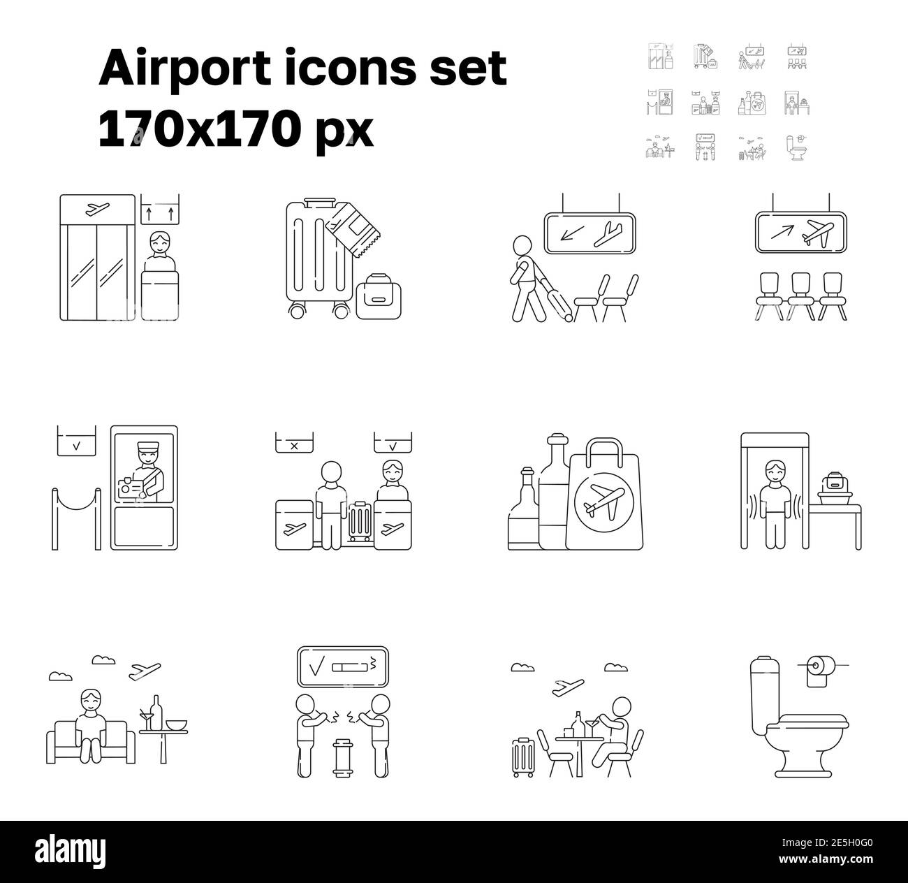 Airport icon set vector. Boarding gate, receipt of baggage are shown ...