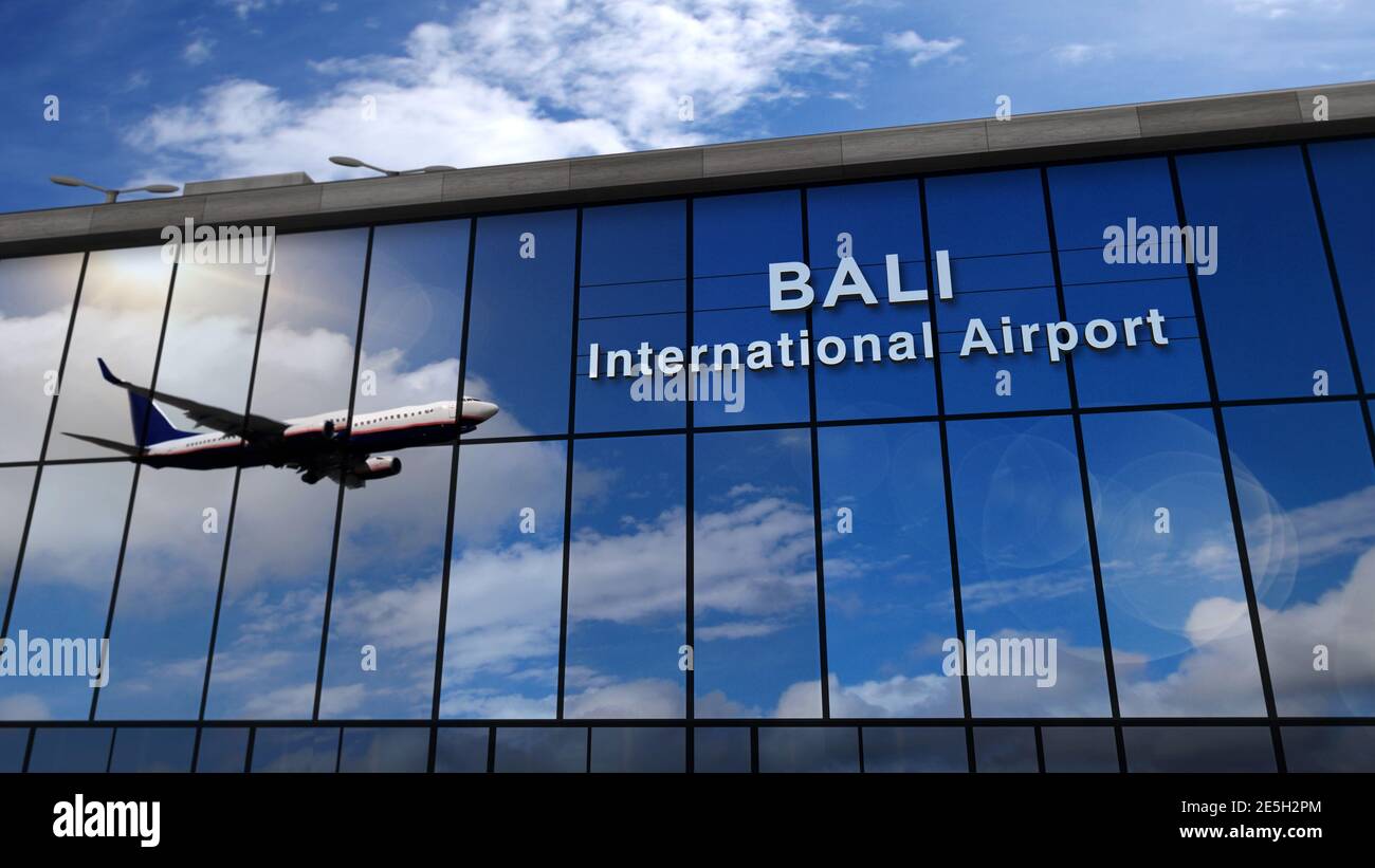 Jet aircraft landing at Bali, Indonesia 3D rendering illustration ...