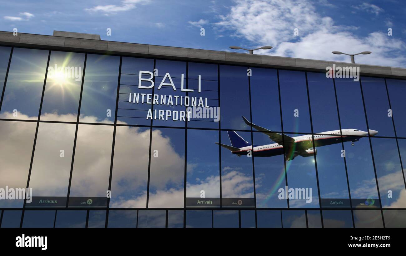 Jet aircraft landing at Bali, Indonesia 3D rendering illustration ...