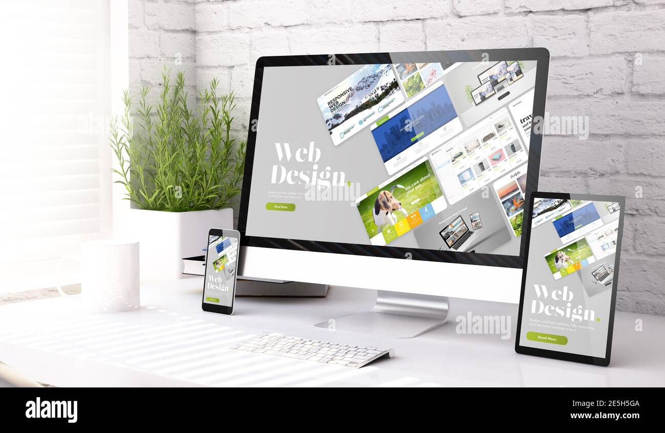 three mockup devices showing website design on a desktop 3d rendering ...