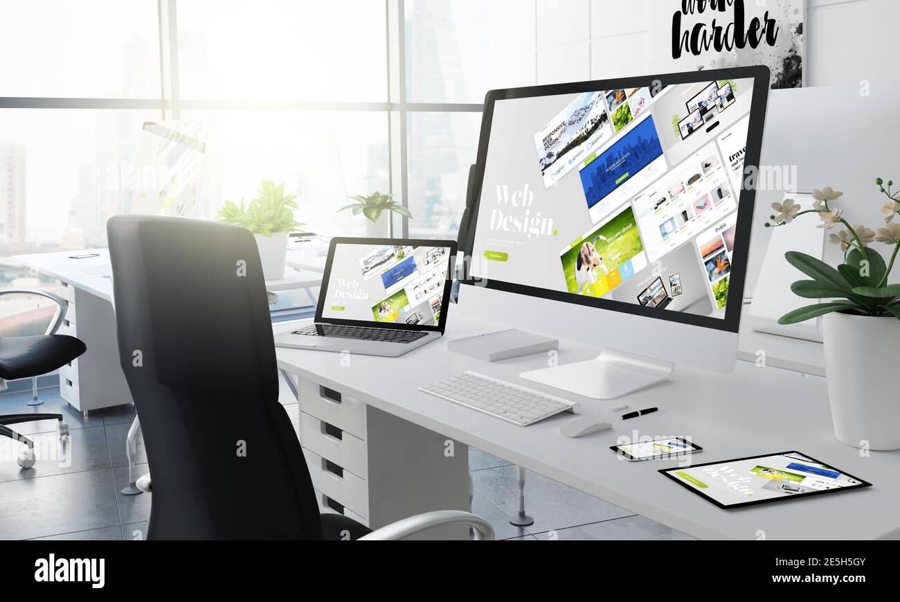 office desktop 3d rendering with website CMS builder on screen Stock ...