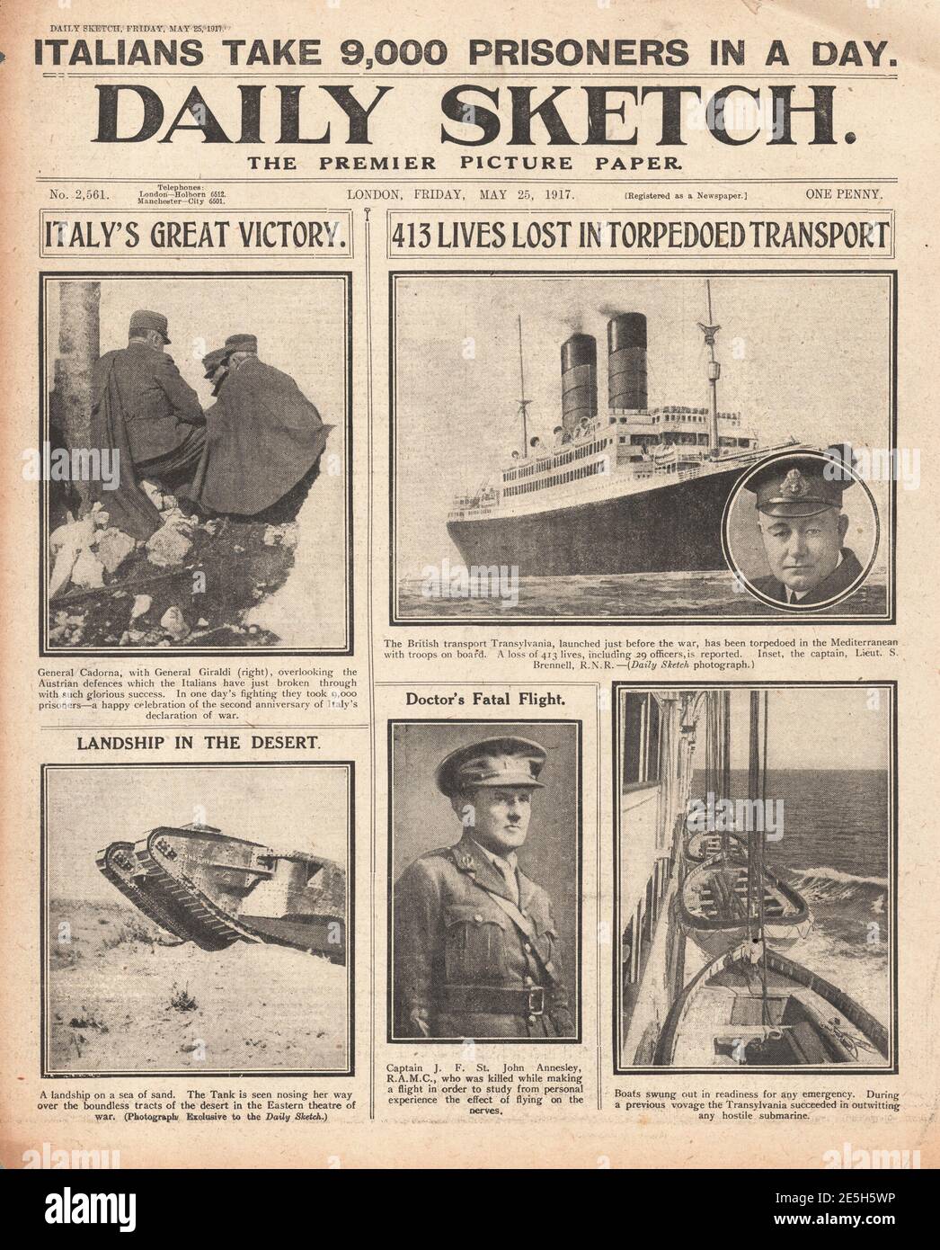 1917 Daily Sketch Sinking of Transport Ship Transylvania Stock Photo ...