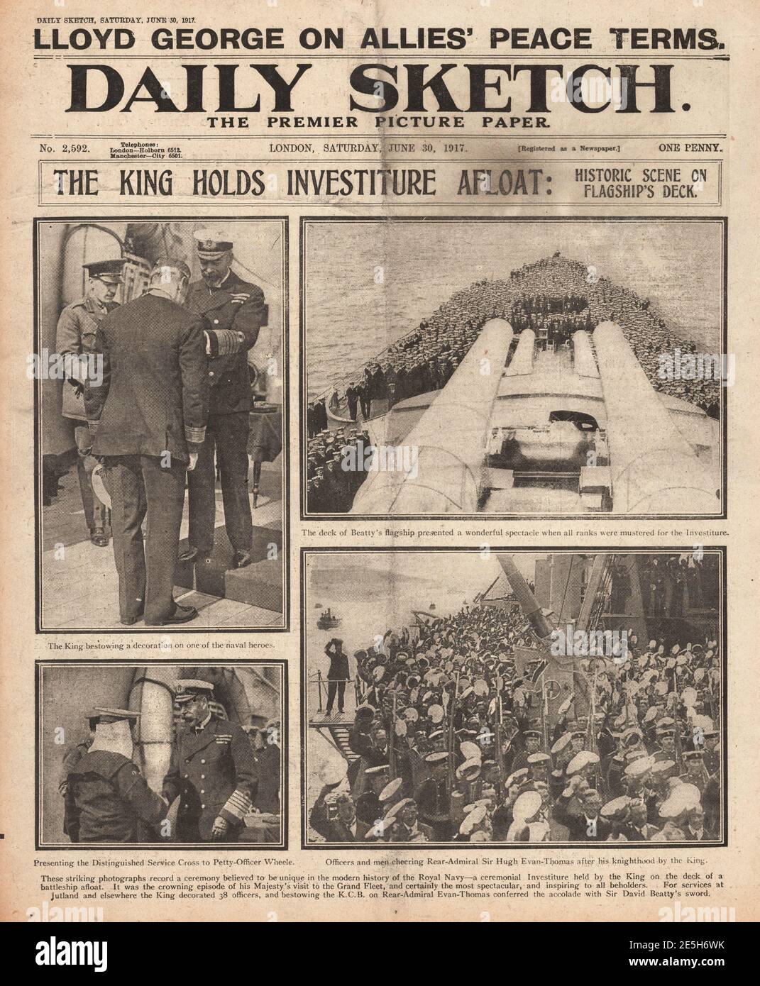 1917 Daily Sketch King George V Investiture aboard Battleship Stock ...