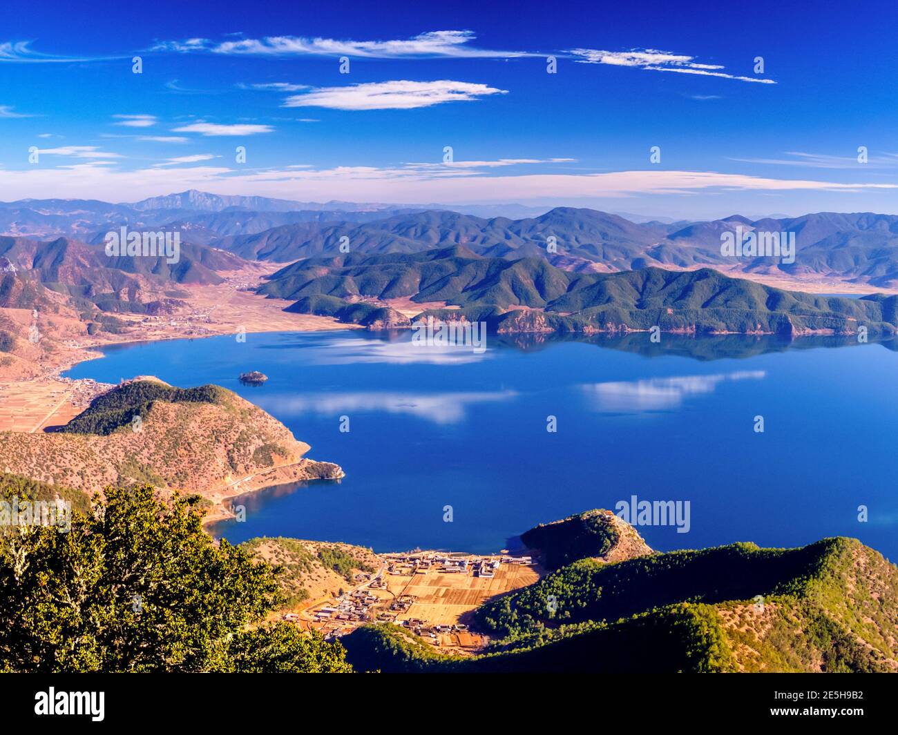 View of Lugu Lake under Blue Sky Stock Photo - Alamy