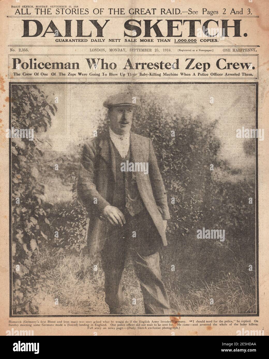 1916 Daily Sketch Zeppelins L 32 and L 33 shot down over Essex Stock ...