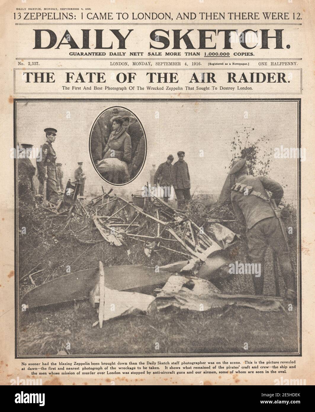 1916 Daily Sketch Zeppelin SL 11 shot down over Cuffley, St Albans ...