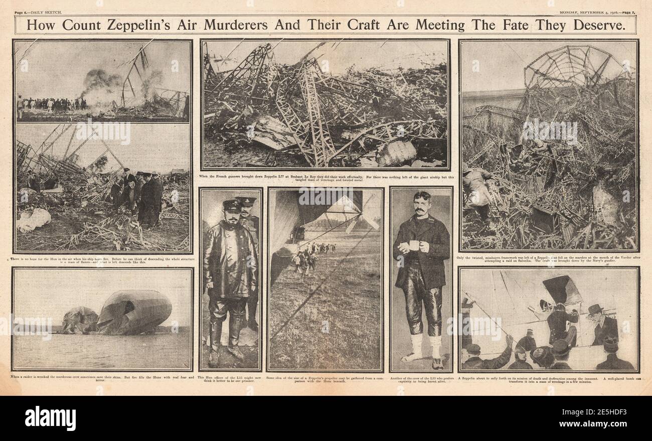 1916 Daily Sketch Zeppelin SL 11 shot down over Cuffley, St Albans ...