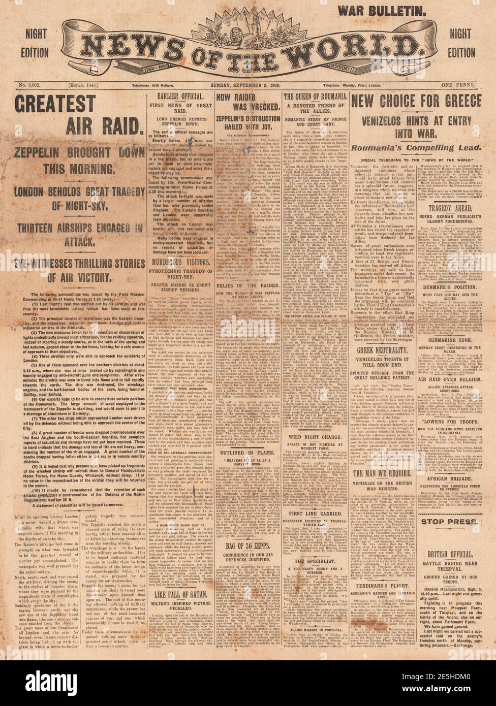 1916 News of the World Zeppelin raid on Cuffley Stock Photo - Alamy