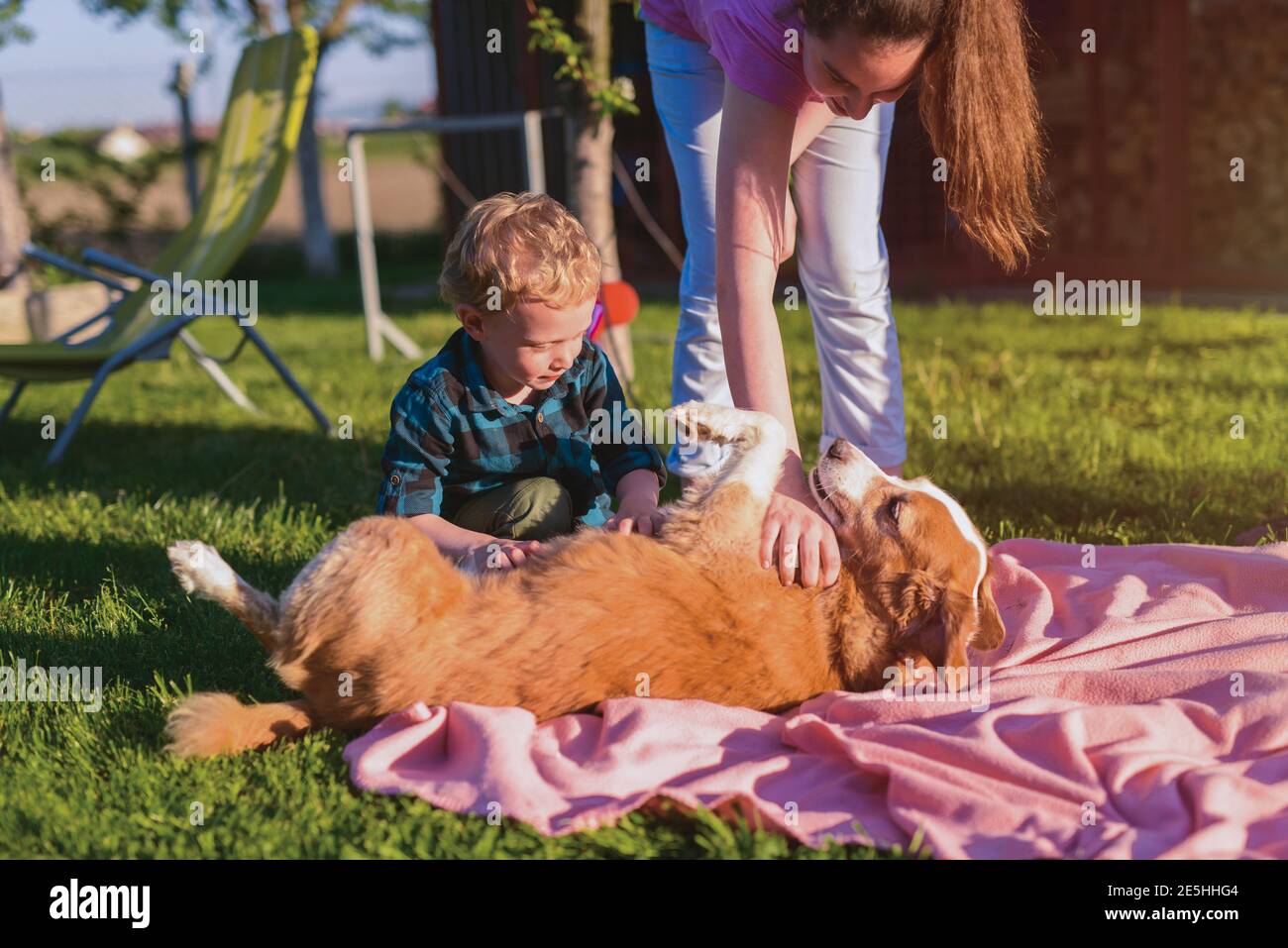 Picture of little boy and girl cuddling their dog in backyard Stock ...