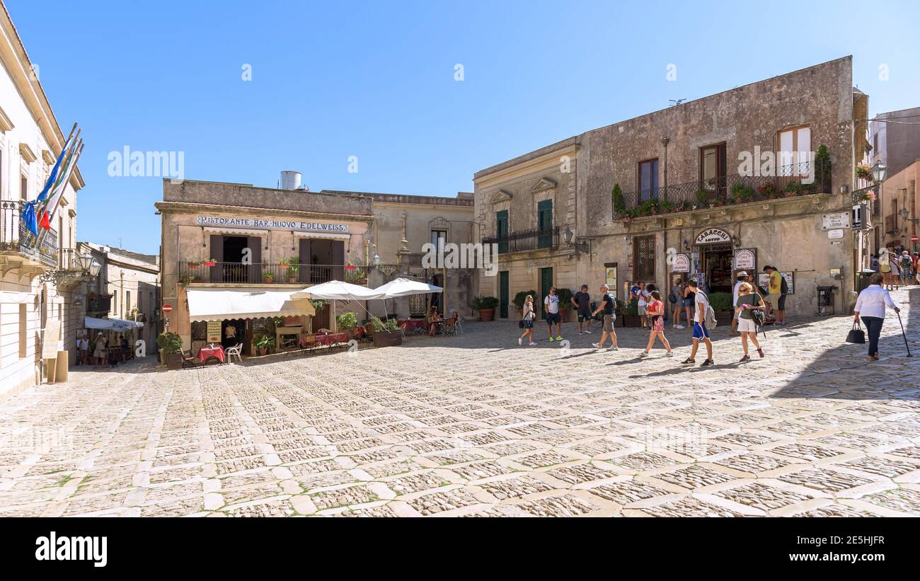 Erice, Sicily, Italy - August 25, 2017: Tourists visit Piazza della ...