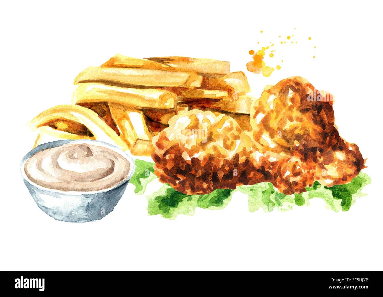 Crispy fried chicken and french fry stick potato with sauce. Watercolor ...