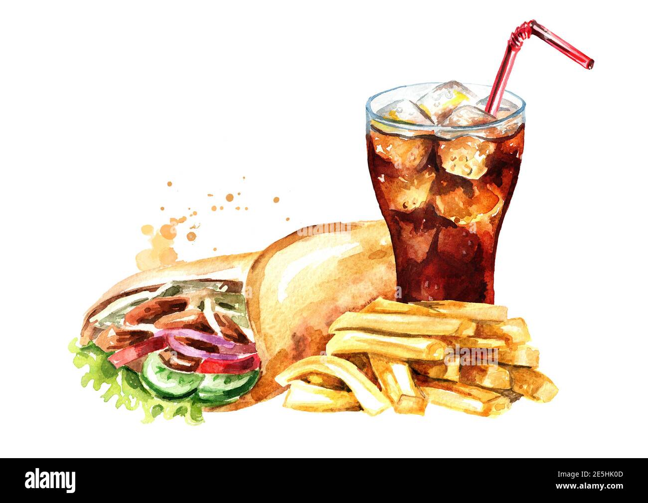 Doner kebab with French fries and a glass of Cola with ice. Watercolor ...