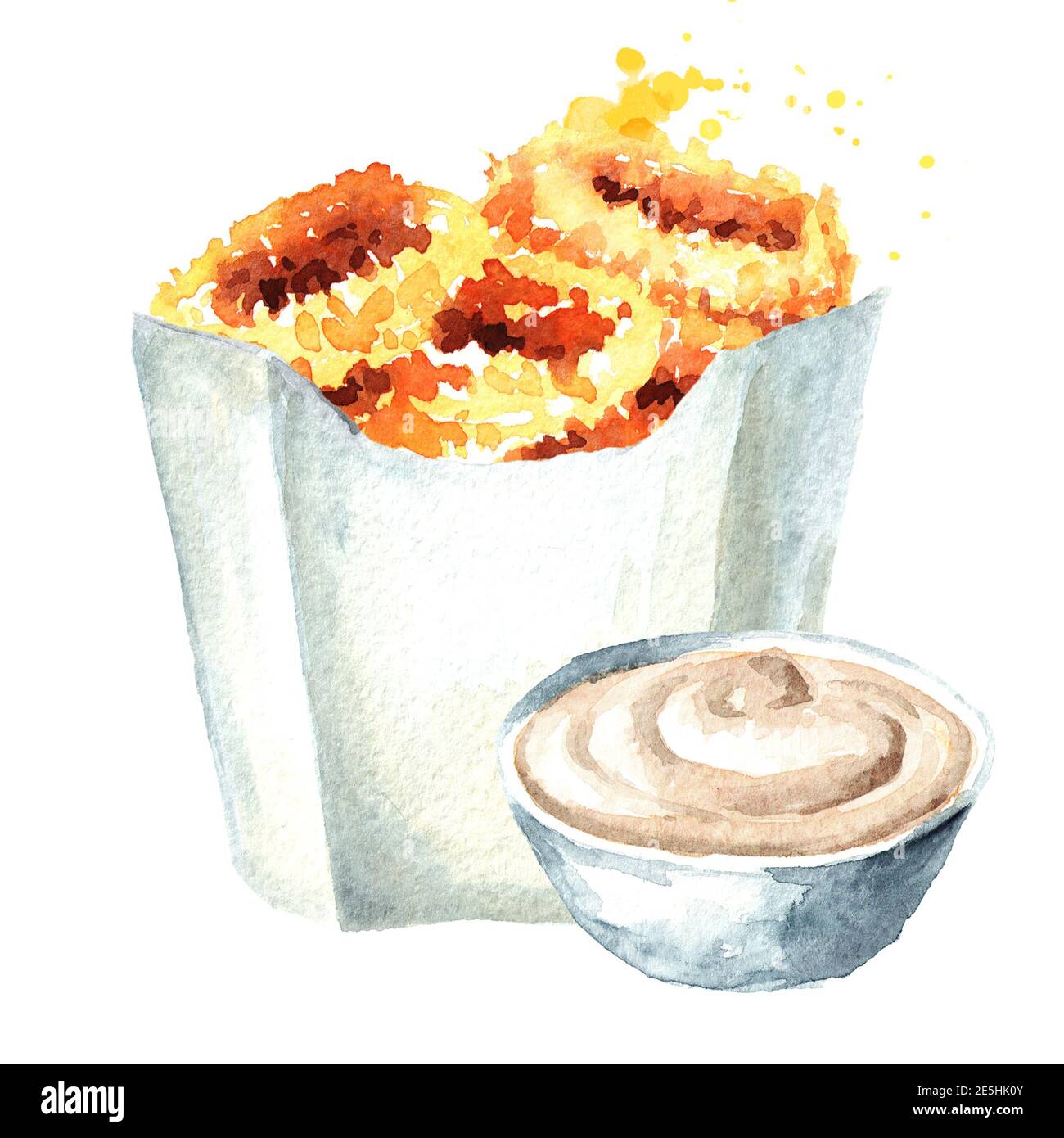Fried onion rings with sauce. Watercolor hand drawn illustration ...
