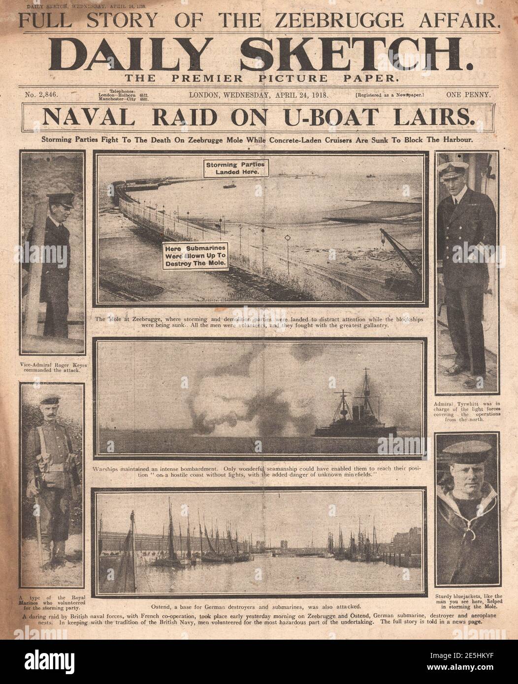 1918 Daily Sketch Royal Navy in Zeebrugge raid Stock Photo - Alamy