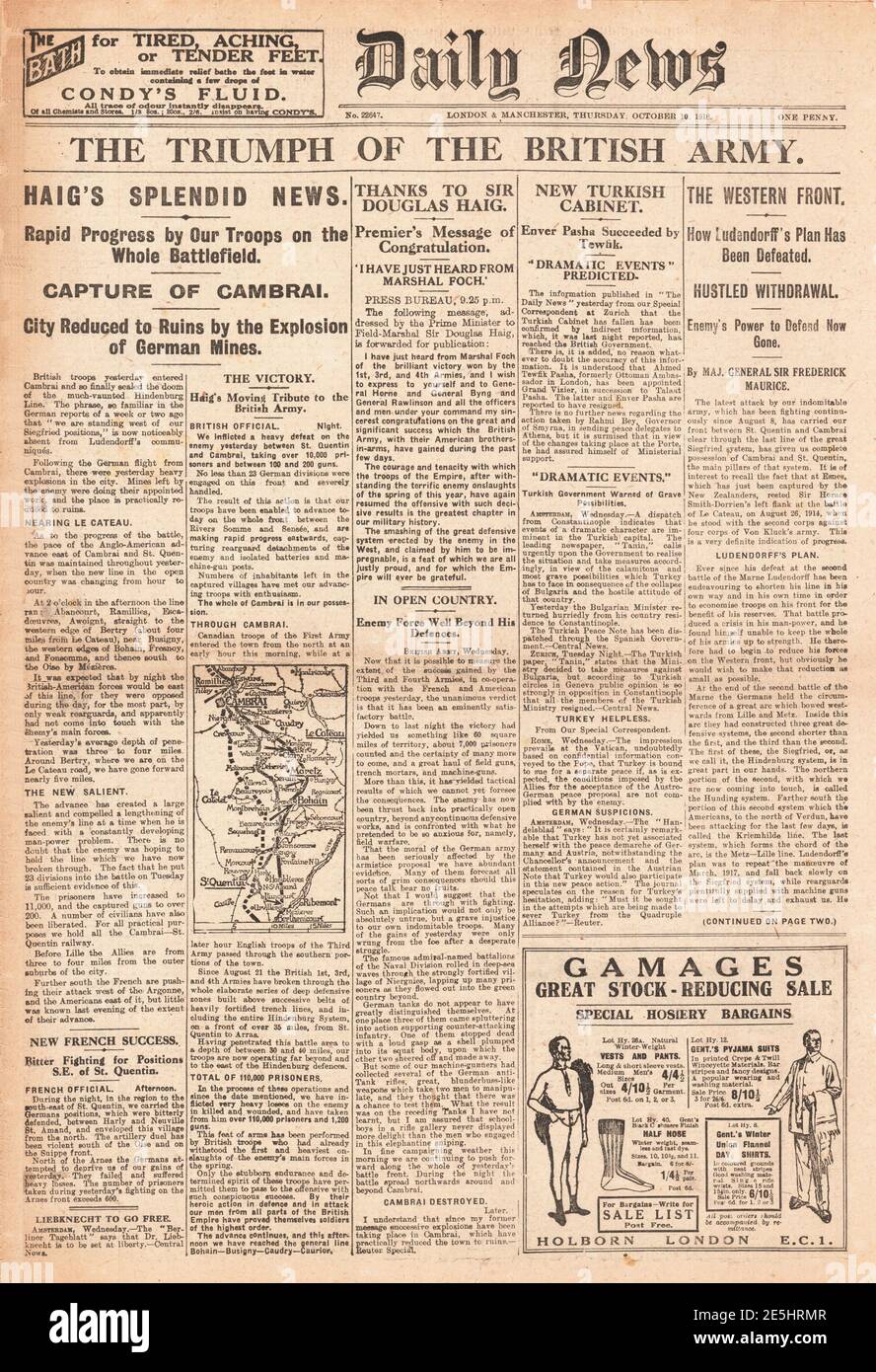 1918 Daily News British Army capture Cambrai Stock Photo - Alamy