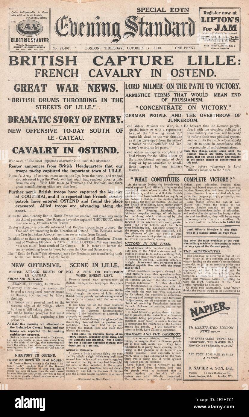 1918 Evening Standard front page British Army capture Flanders Stock ...