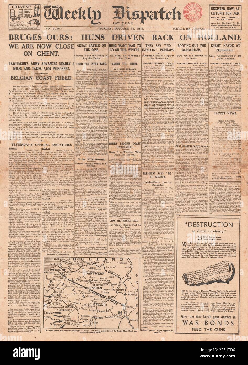 1918 Weekly Dispatch front page Allies capture Bruges Stock Photo - Alamy