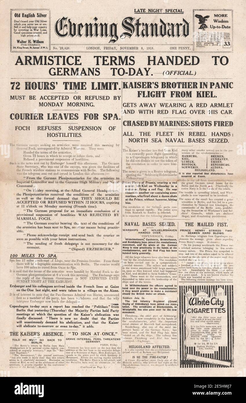 1918 Evening Standard front page Armistice with Germany Stock Photo - Alamy