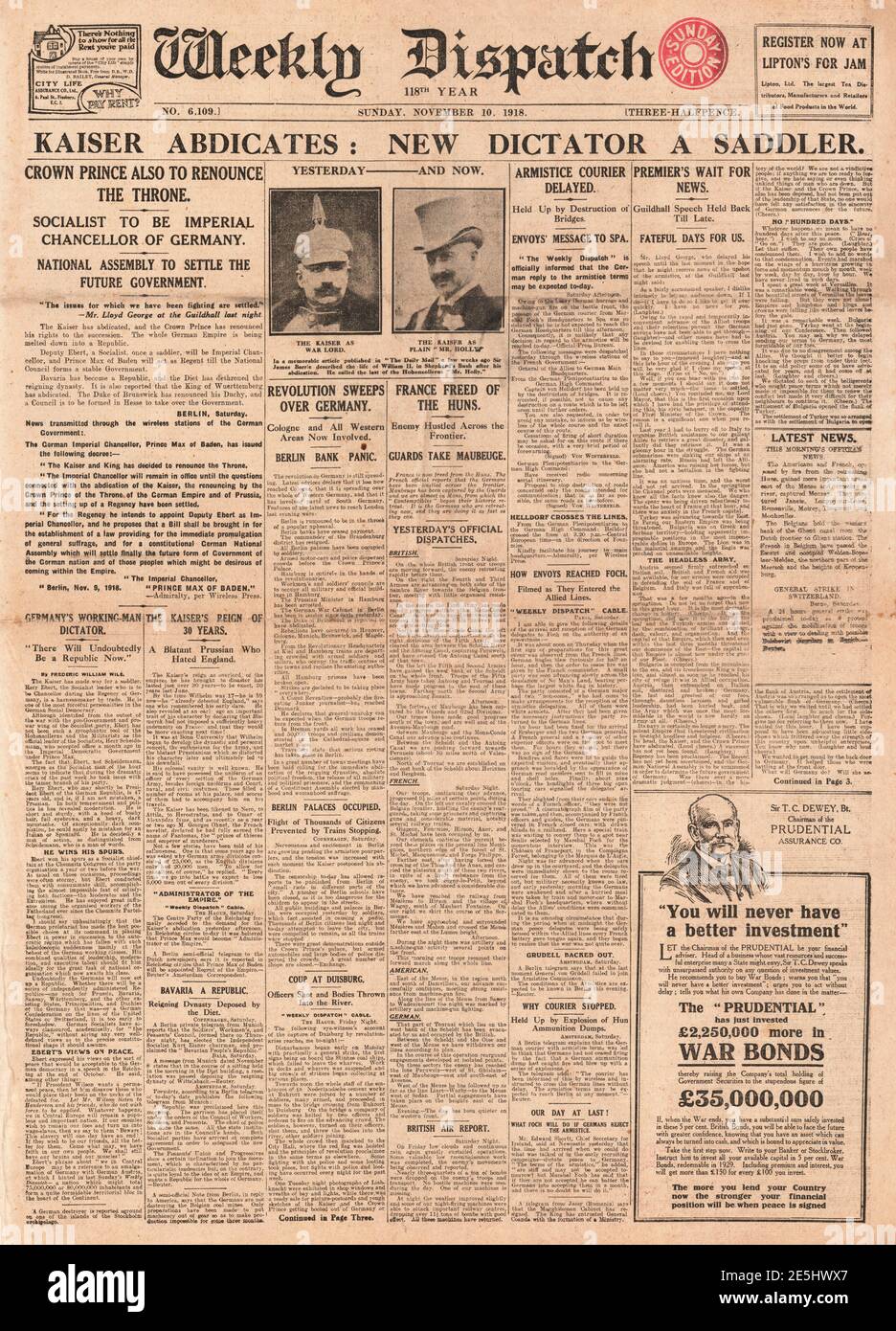 1918 Weekly Dispatch front page Abdication of Kaiser Wilhelm II Stock ...