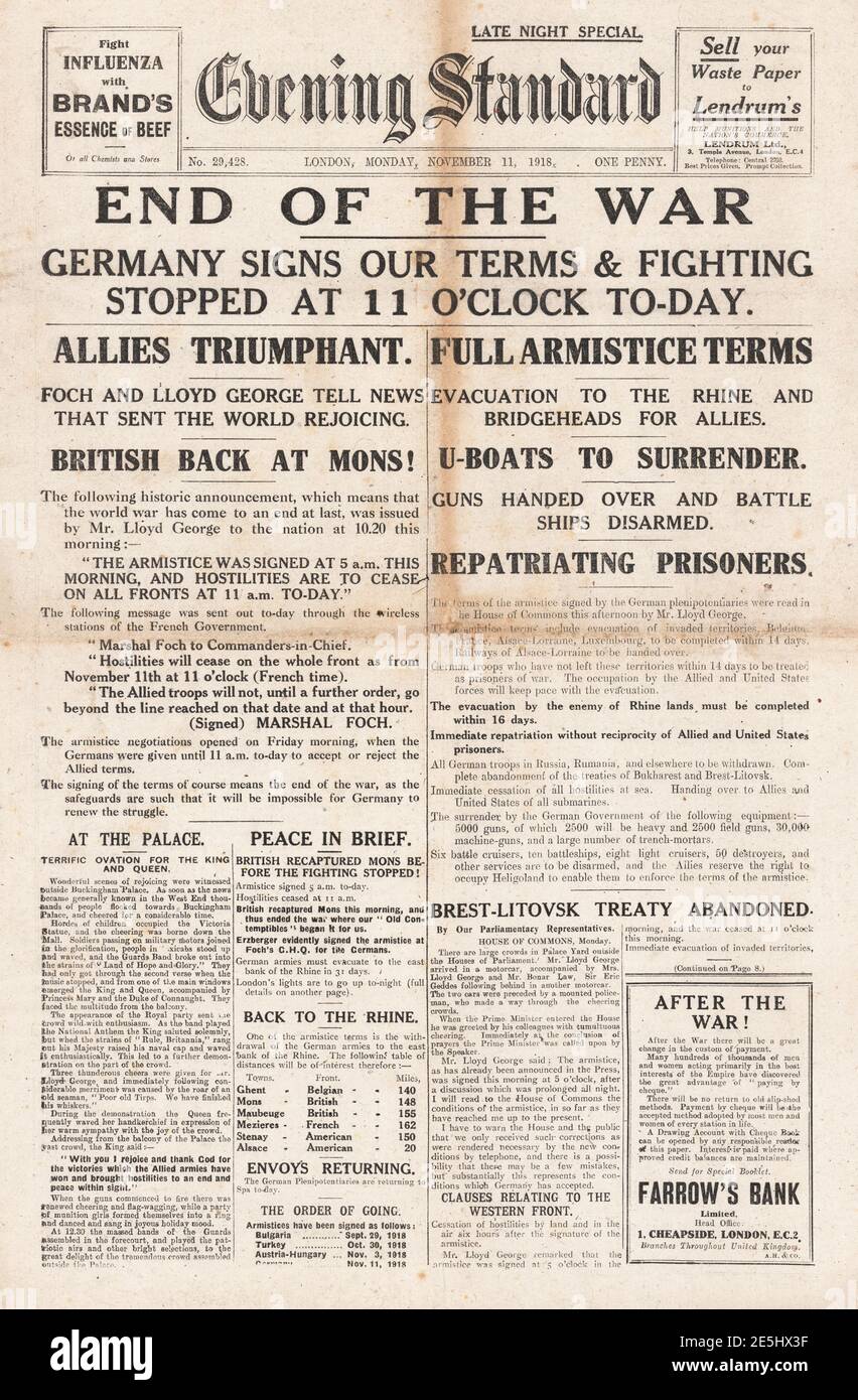 Newspaper headline end world war 1 hi-res stock photography and images ...