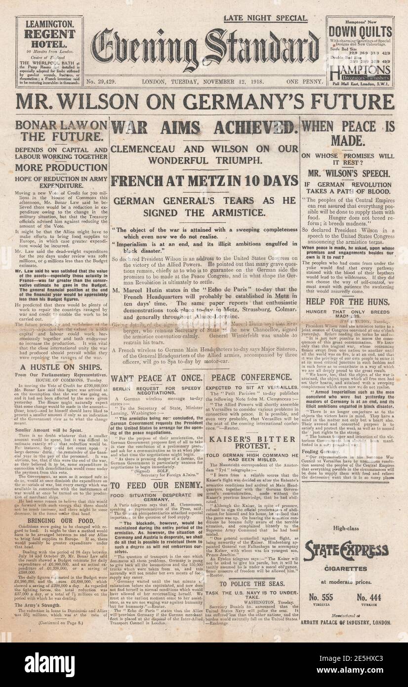 1918 Evening Standard front page Armistice and Surrender of Germany ...