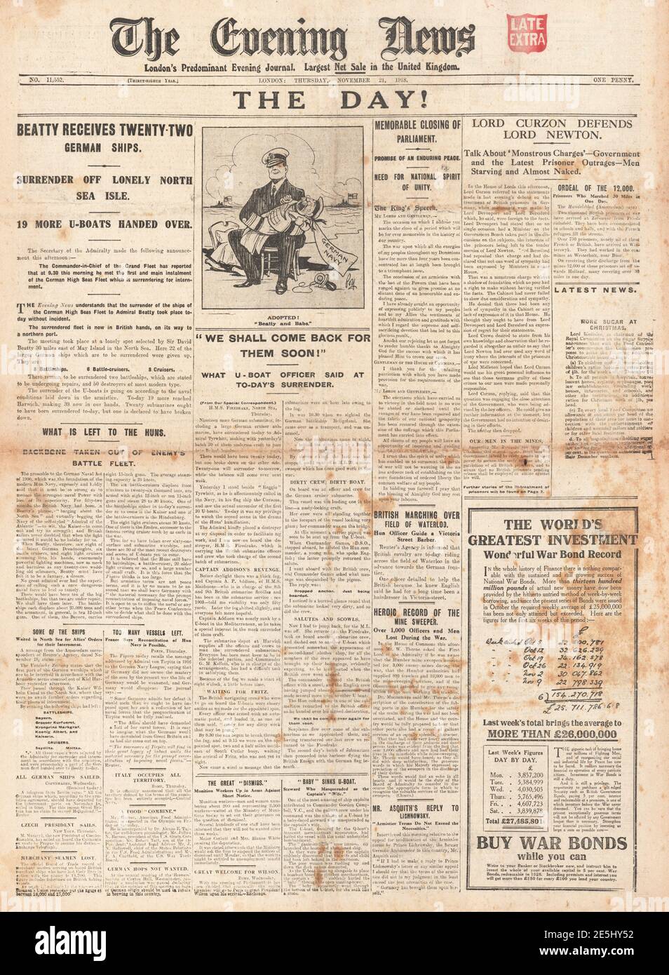 1918 Evening News front page Surrender of the German High Seas fleet ...